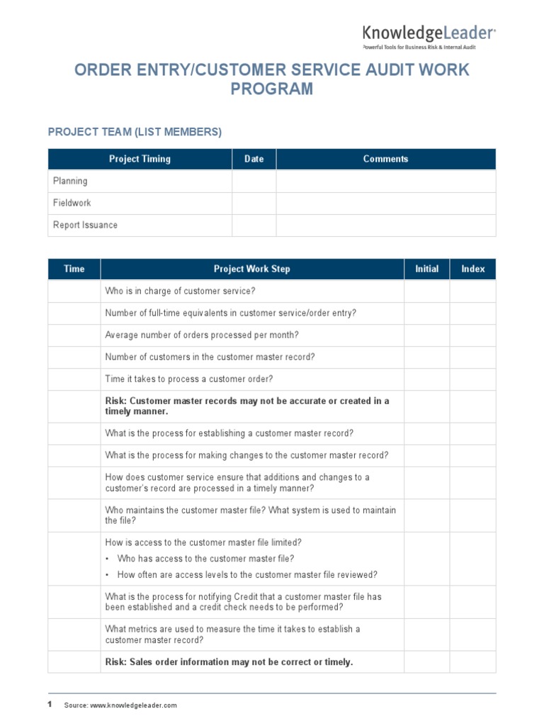 Order Entry Customer Service Audit Work Program | PDF | Risk | Sales