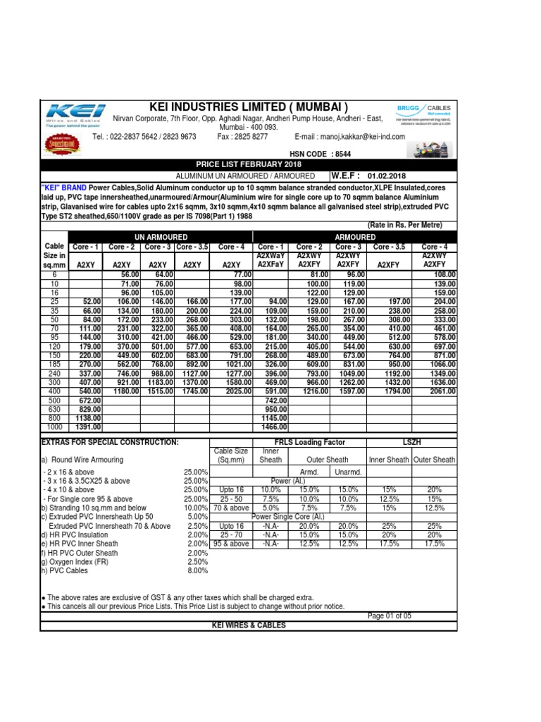 KEI - Cable List Price - Feb 2018 | PDF | Wire | Electrical Conductor