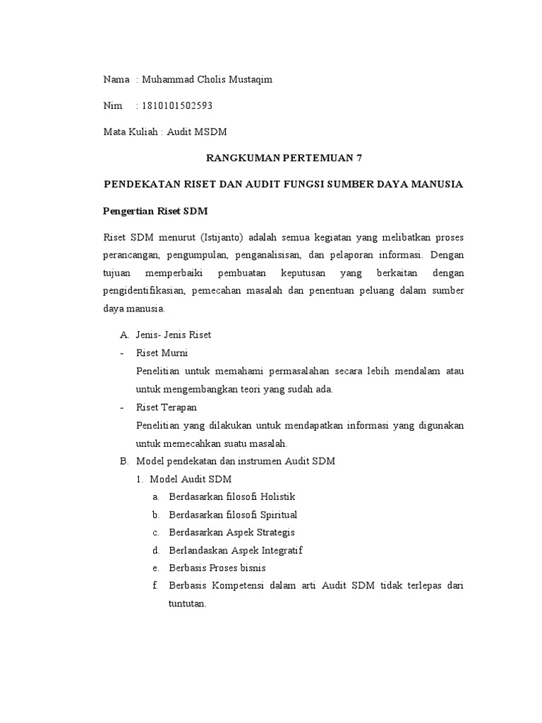 RANGKUMAN AUDIT PERT 7 - Muhammad Cholis Mustaqim | PDF | Karier & Perkembangan
