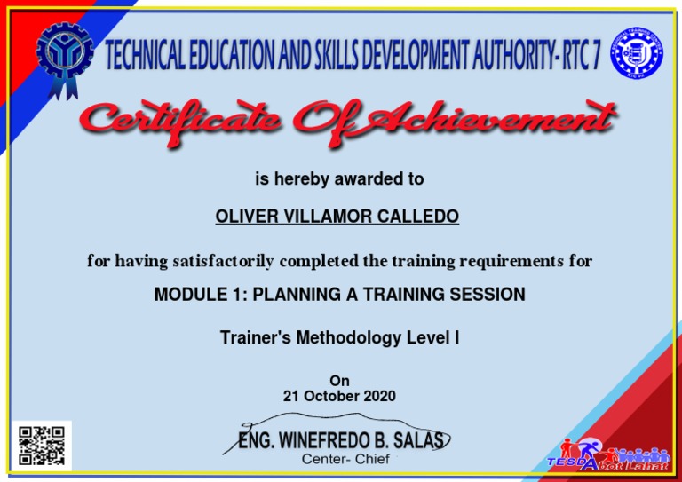 Trainers Methodology Level I Certificate Of Achievement 26 Pdf Pdf