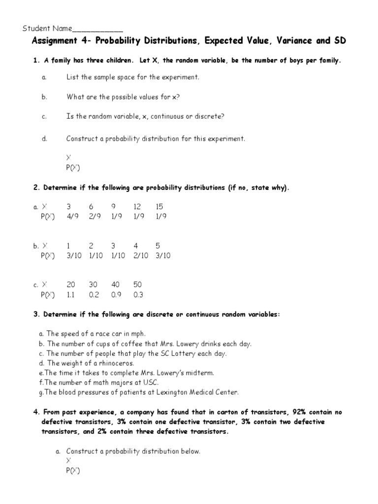 @worksheet 4 - Probability Distributions, Mean, Var and SD | PDF