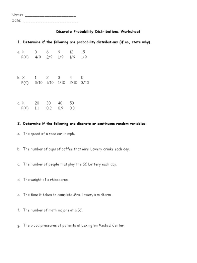 Discrete Probability Distributions Worksheet: Name: - Date | PDF ...