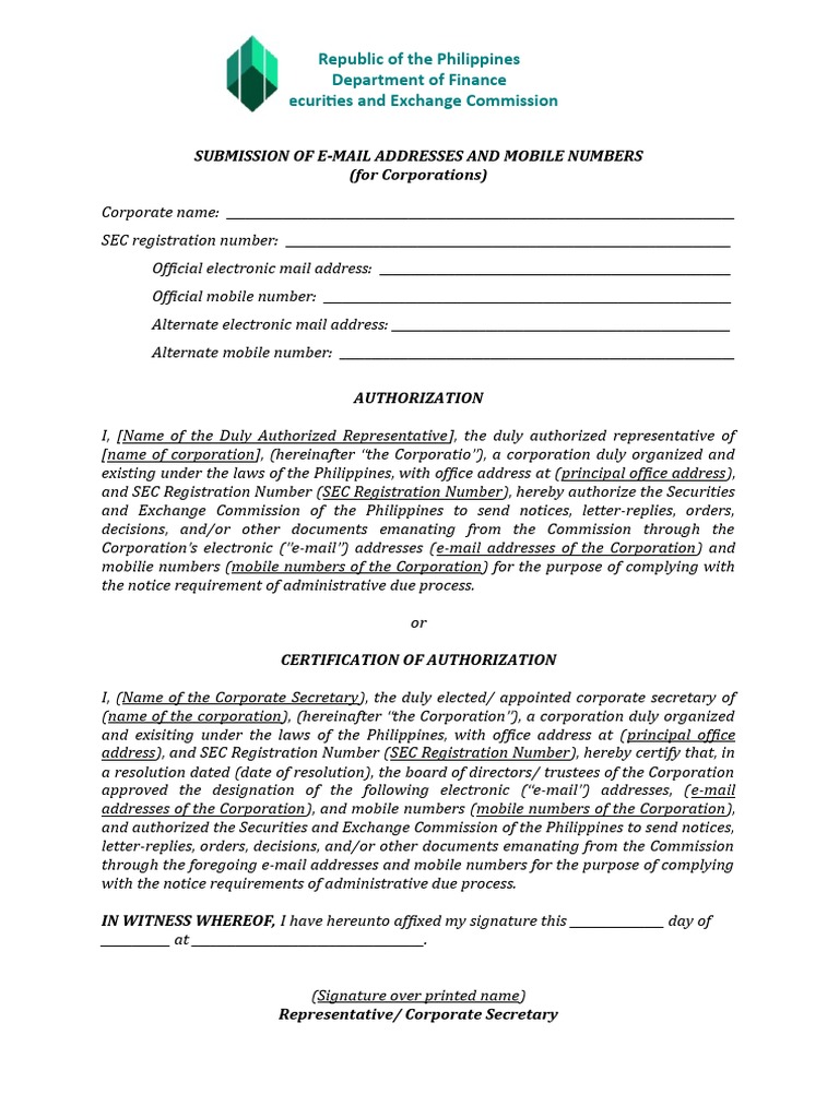 SEC Form Annex D Submission of Email Address and Mobile Numbers For ...