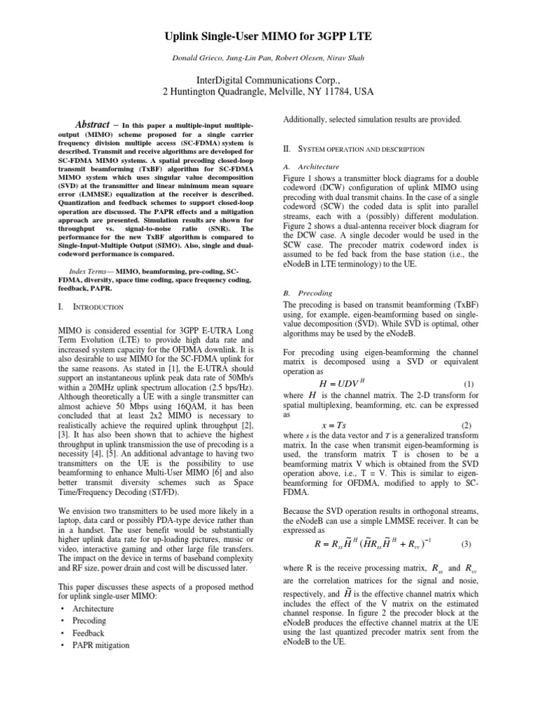 Uplink Single-User MIMO For 3GPP LTE: Abstract | PDF | Mimo | Radio