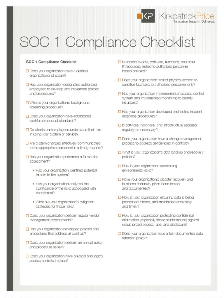 SOC 1 Compliance Checklist KirkpatrickPrice PDF | PDF | Access Control ...