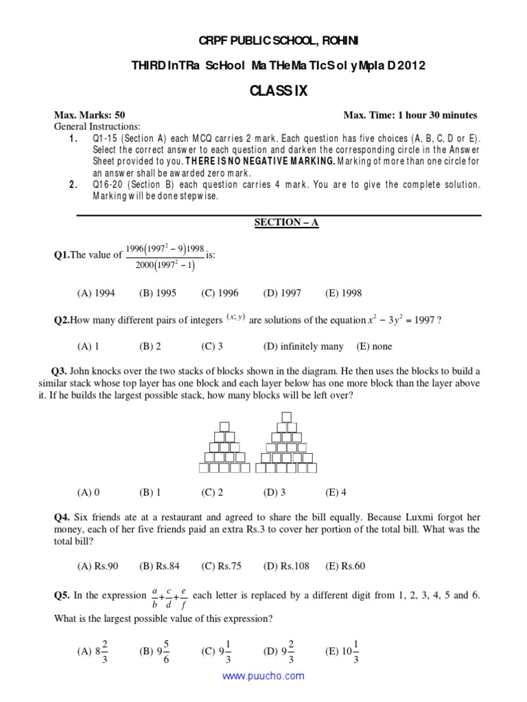 Class Ix: CRPF Public School, Rohini Third Intra School Mathematics Olympiad 2012 | PDF | Area ...