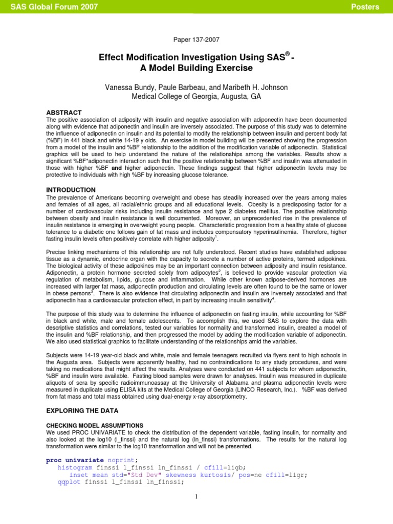 SAS Help - Effect Modifier | PDF | Adipose Tissue | Insulin Resistance