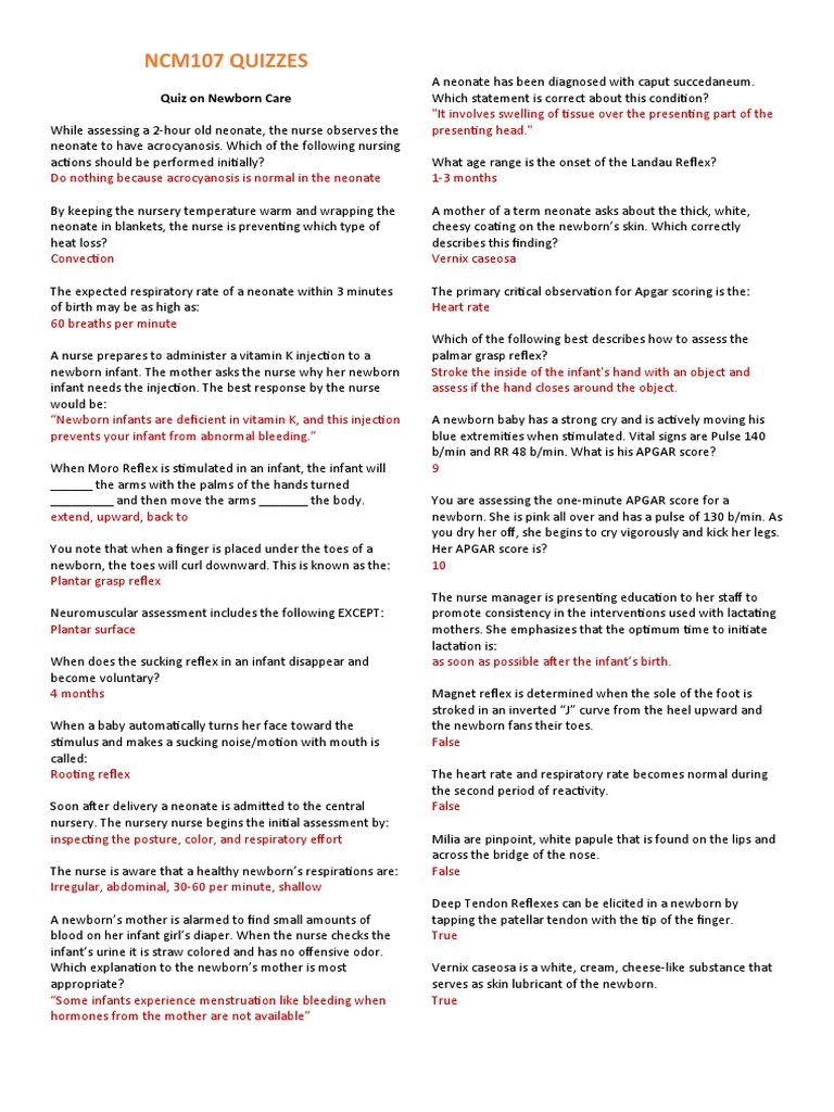 Ncm107 Quizzes: Quiz On Newborn Care | PDF | Infants | Adolescence