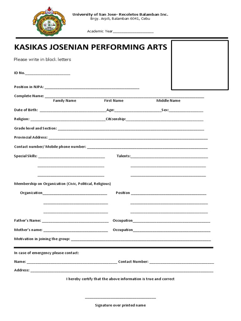 Kasikas Josenian Performing Arts: Please Write in Block Letters | PDF