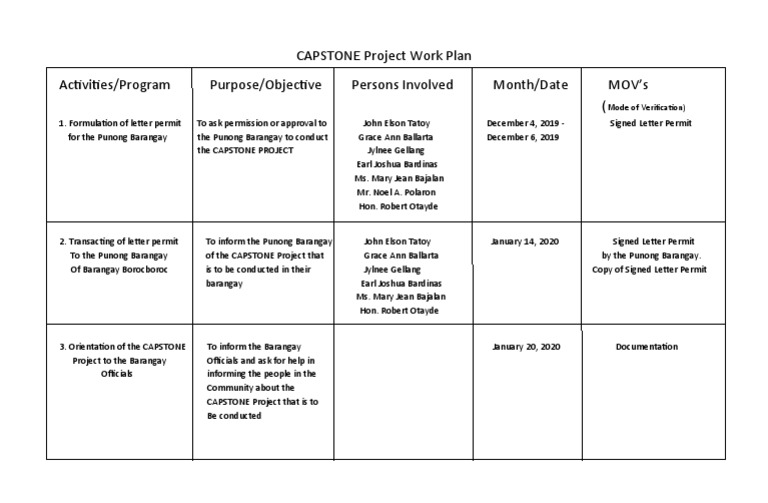 CAPSTONE Project Work Plan Activities/Program Purpose/Objective Persons ...
