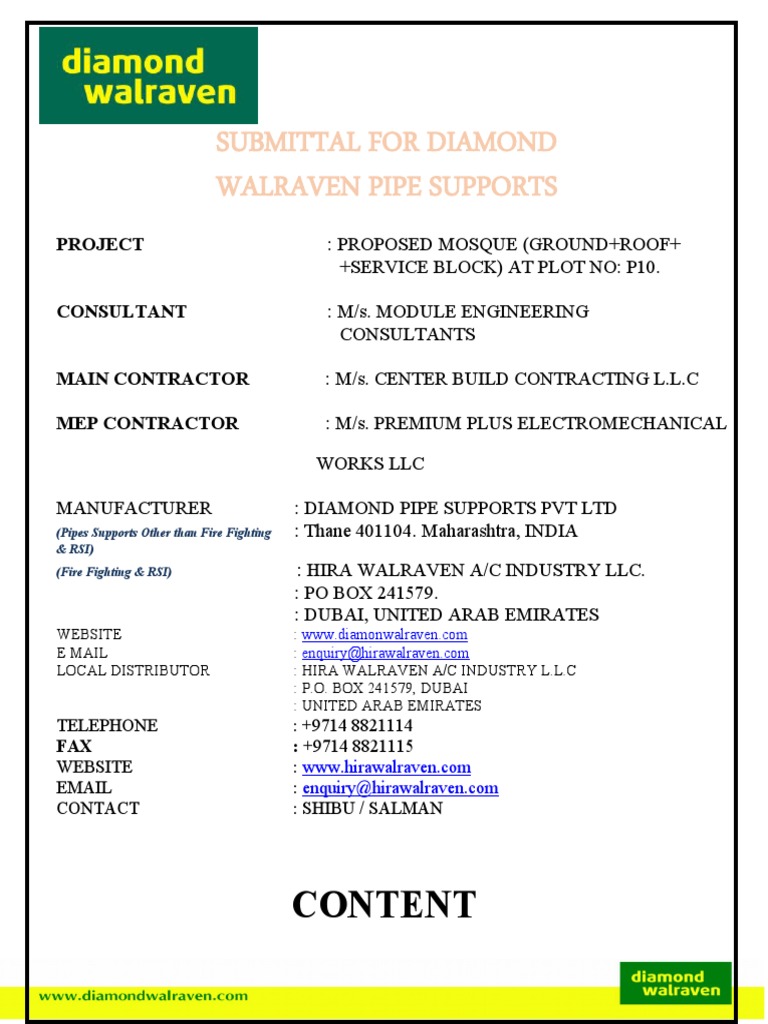 Submittal For Diamond Walraven Pipe Supports: Content | PDF