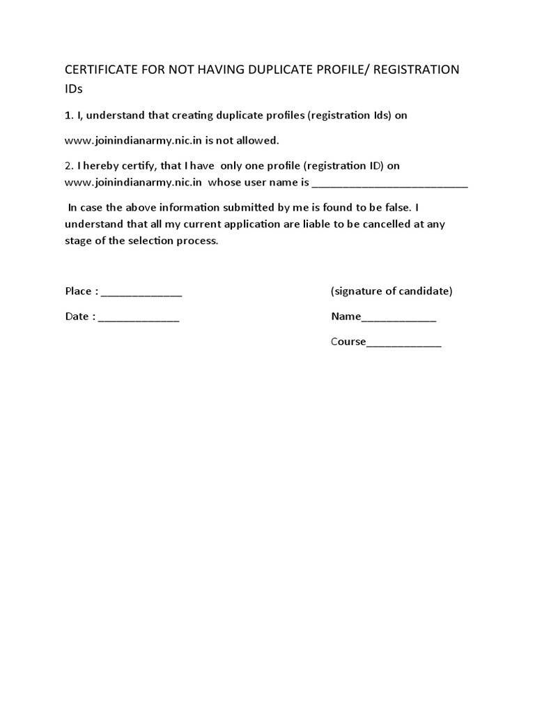 Certificate For Not Having Duplicate Profile | PDF