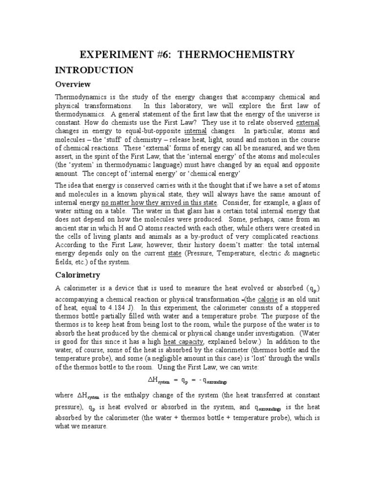 Thermochemistry Experiment Overview | PDF | Heat Capacity | Heat