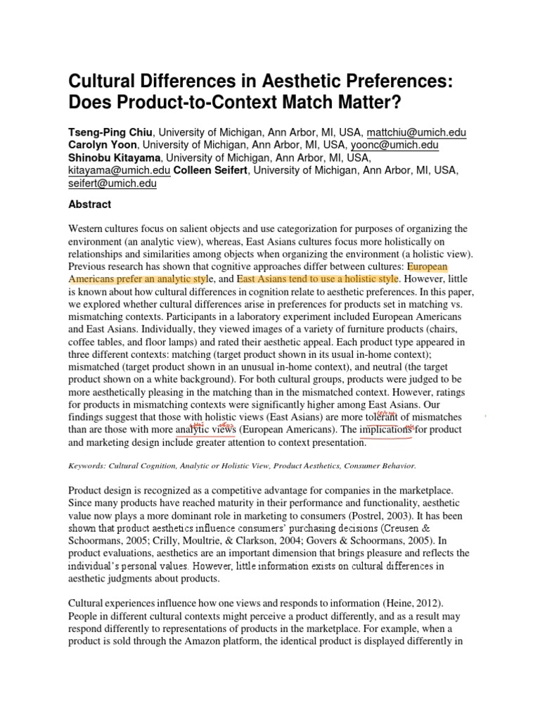 Cultural Differences in Aesthetic Preferences: Does Product-to-Context ...
