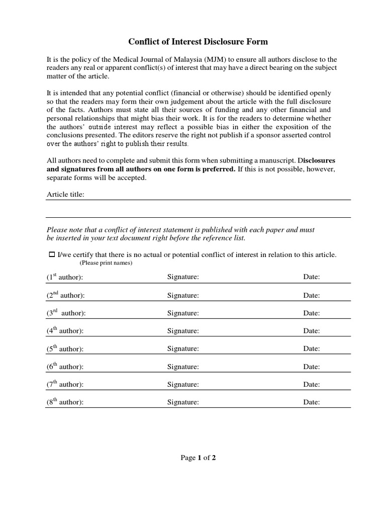 Conflict of Interest Disclosure Form | PDF | Conflict Of Interest | Bias