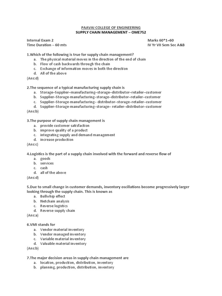 Supply Chain Management Internal Exam: Questions Covering Key Concepts ...