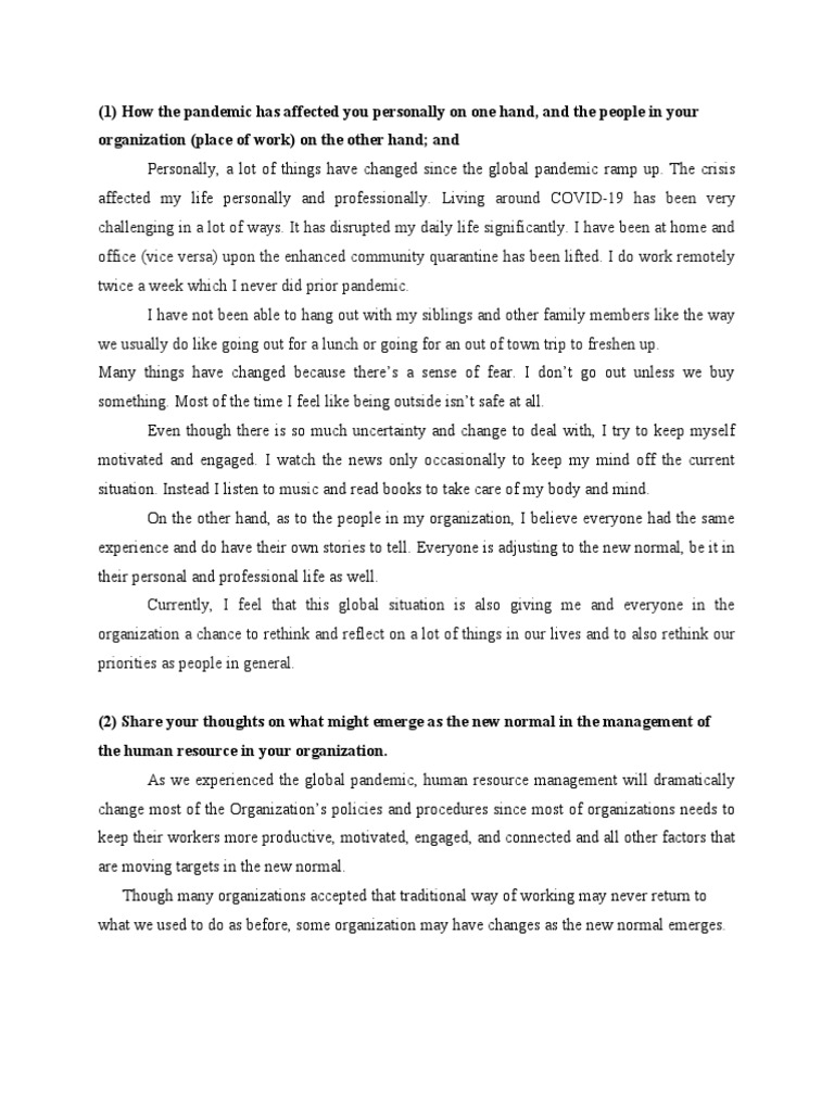 COVID 19 Reflection Paper | PDF | Human Resource Management | Epidemic ...