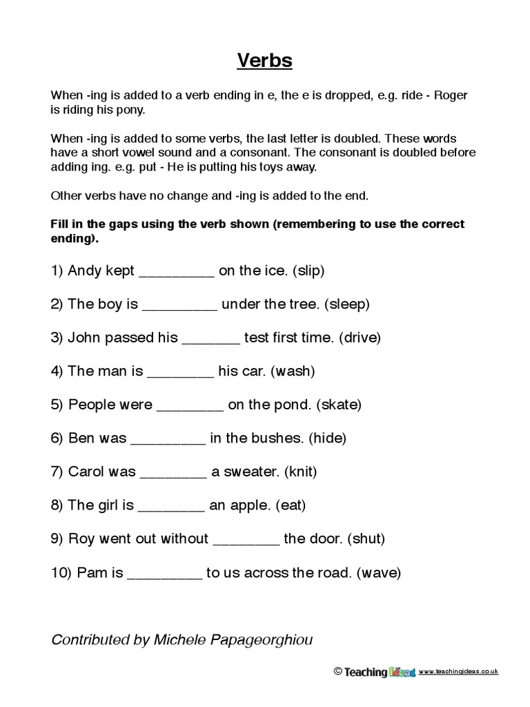 Verbs: Fill in The Gaps Using The Verb Shown (Remembering To Use The ...