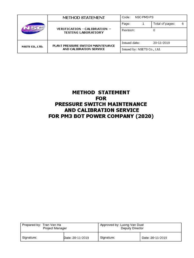 Method Statement For Pressure Switch 2019 | PDF | Calibration | Switch