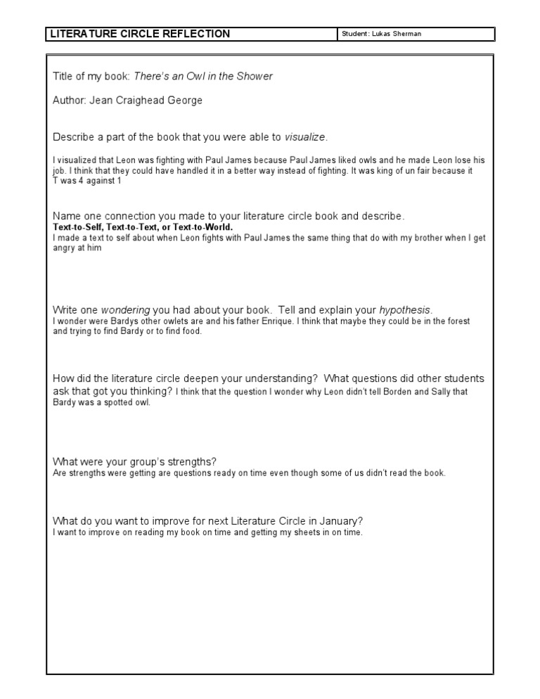 Literature Circle Reflection: Owl Book Insights | PDF | Philosophy | Poetry