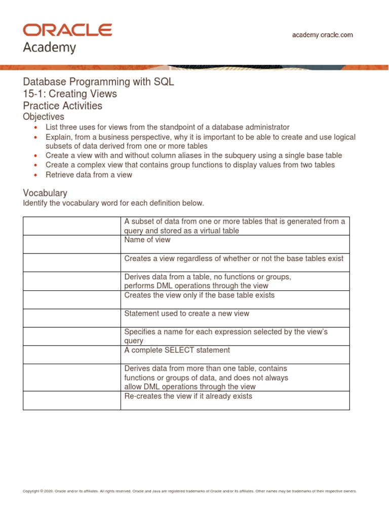 Database Programming With Sql 15 1 Creating Views Practice Activities Pdf Table Database