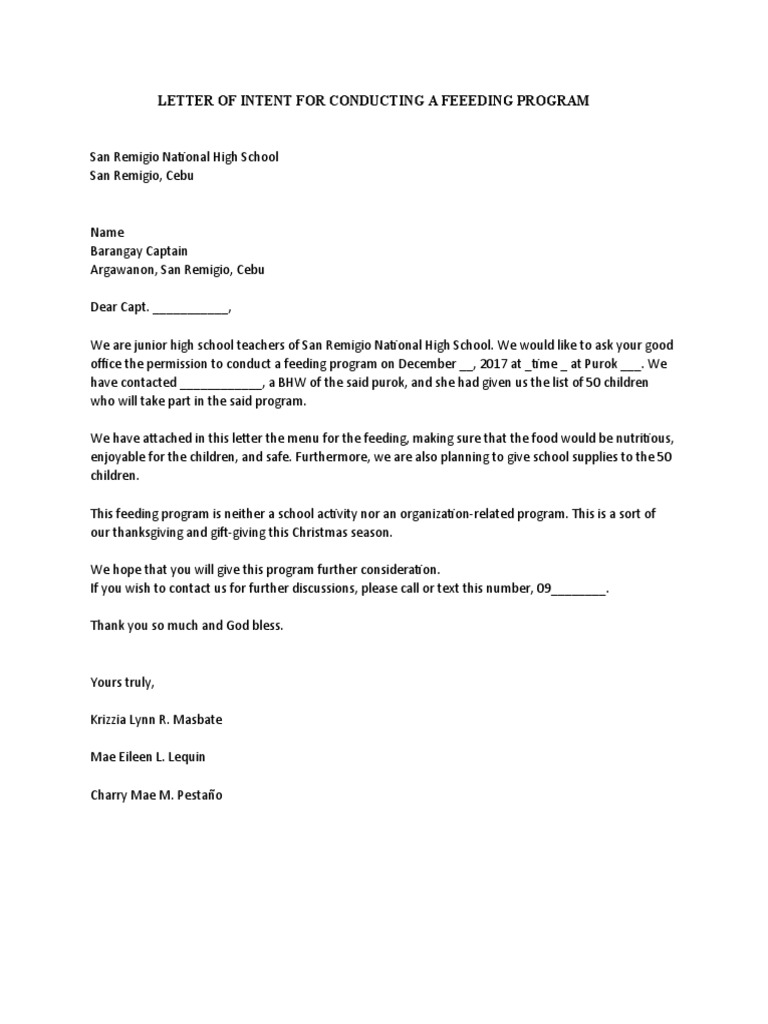 Letter of Intent For Conducting A Feeeding Program | PDF