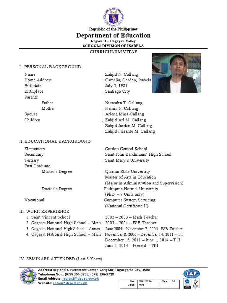 Department of Education: Curriculum Vitae | PDF | Learning | Behavior ...