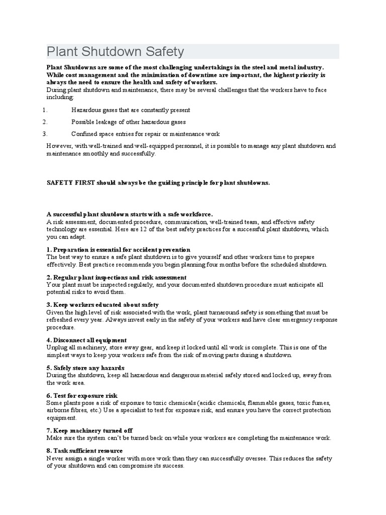 Plant Shutdown Safety Practices | PDF | Working Conditions | Change ...