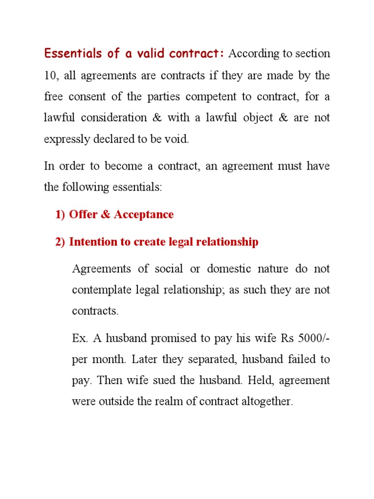 Essentials of A Valid Contract:: 1) Offer & Acceptance 2) Intention To Create Legal Relationship ...