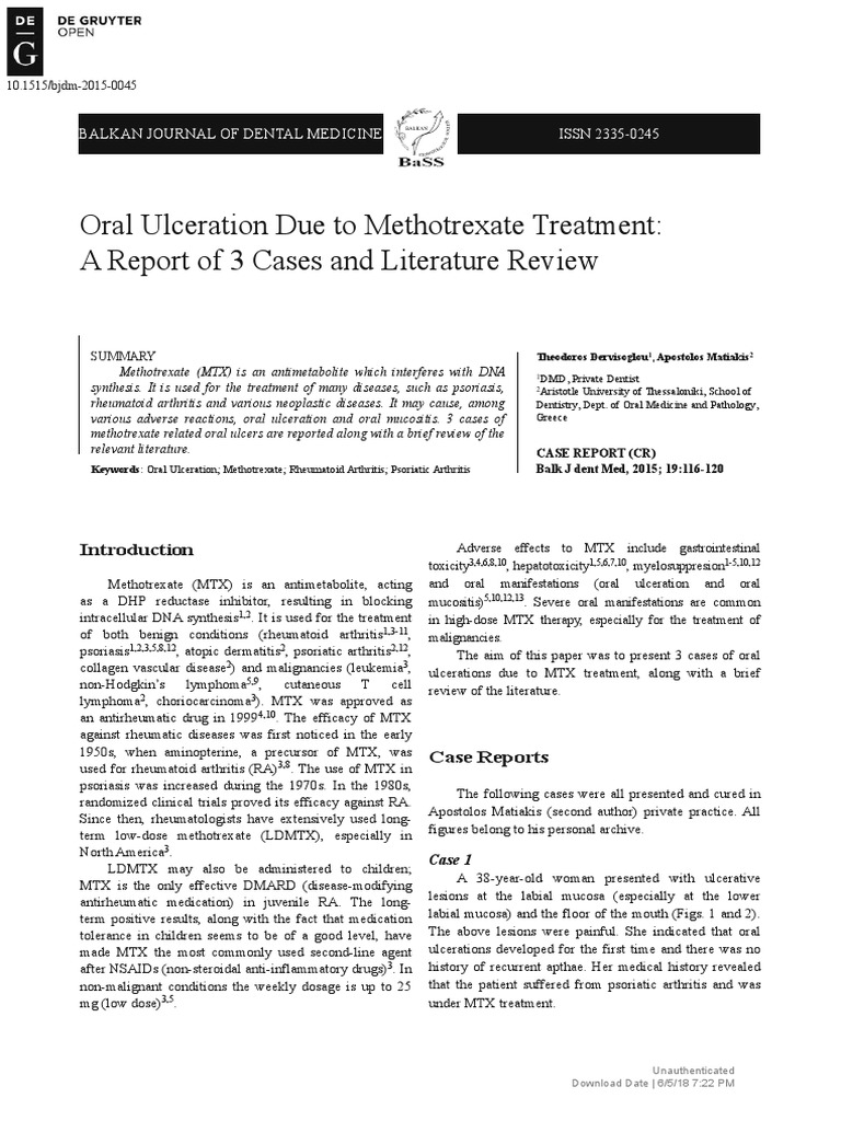 (Balkan Journal of Dental Medicine) Oral Ulceration Due To Methotrexate ...