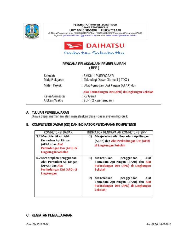 RPP TDO KD Mengklasifikasi Alat Pemadam Api Ringan (APAR) Dan Alat Perlindungan Diri (APD) Di ...