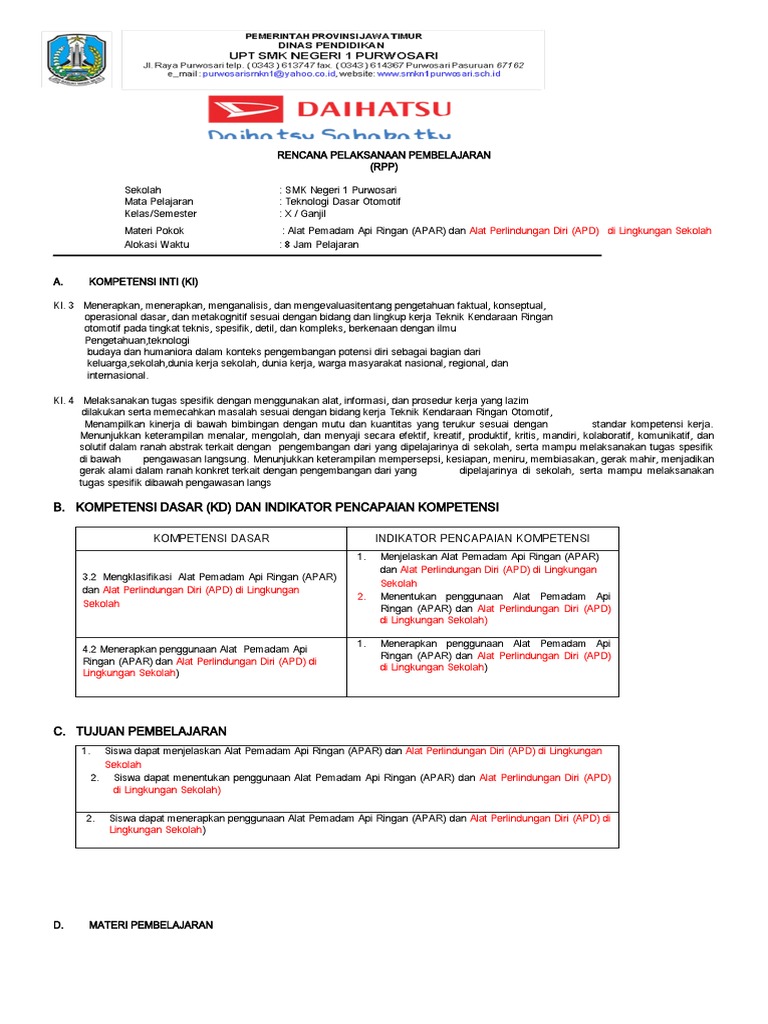 RPP TDO KD 3.2 Mengklasifikasi Alat Pemadam Api Ringan (APAR) Dan Alat Perlindungan Diri (APD ...