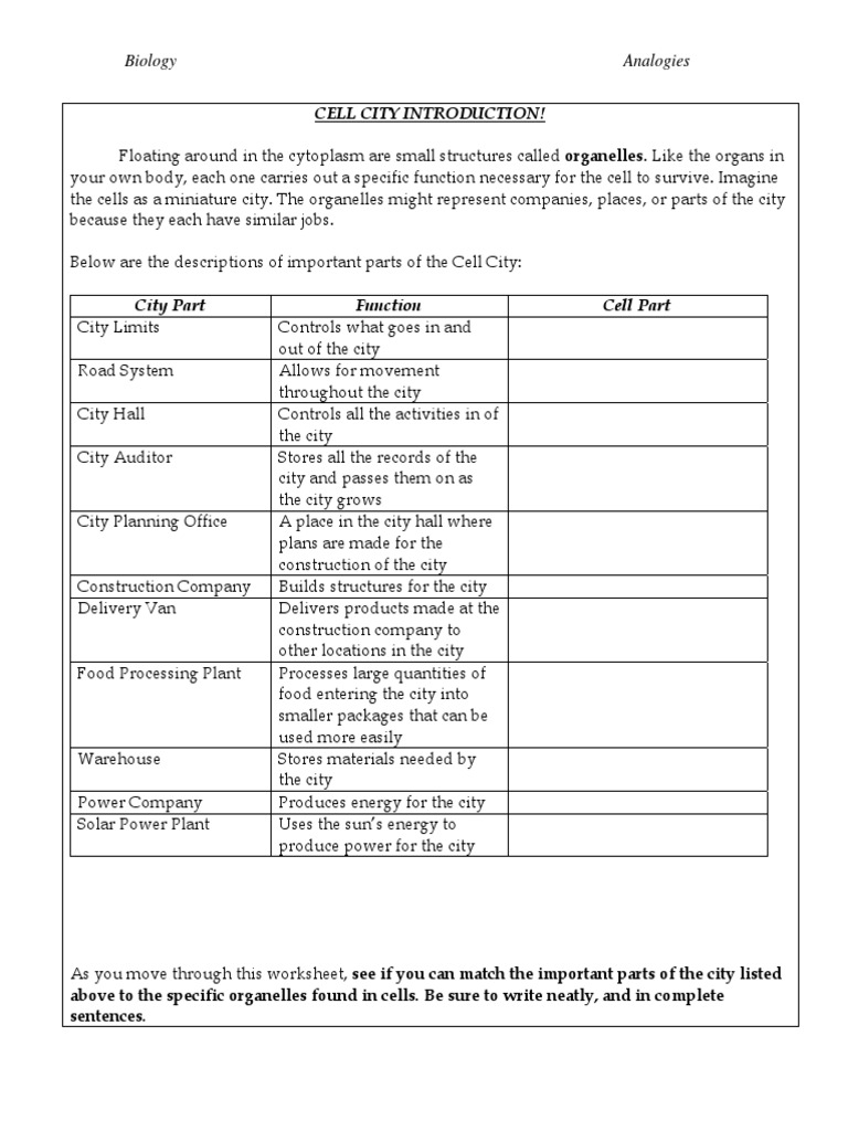 Cell City Introduction!: Biology Analogies | PDF | Cytoplasm | Cell ...