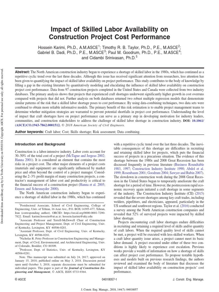 Impact of Skilled Labor Availability On Construction Project Cost ...