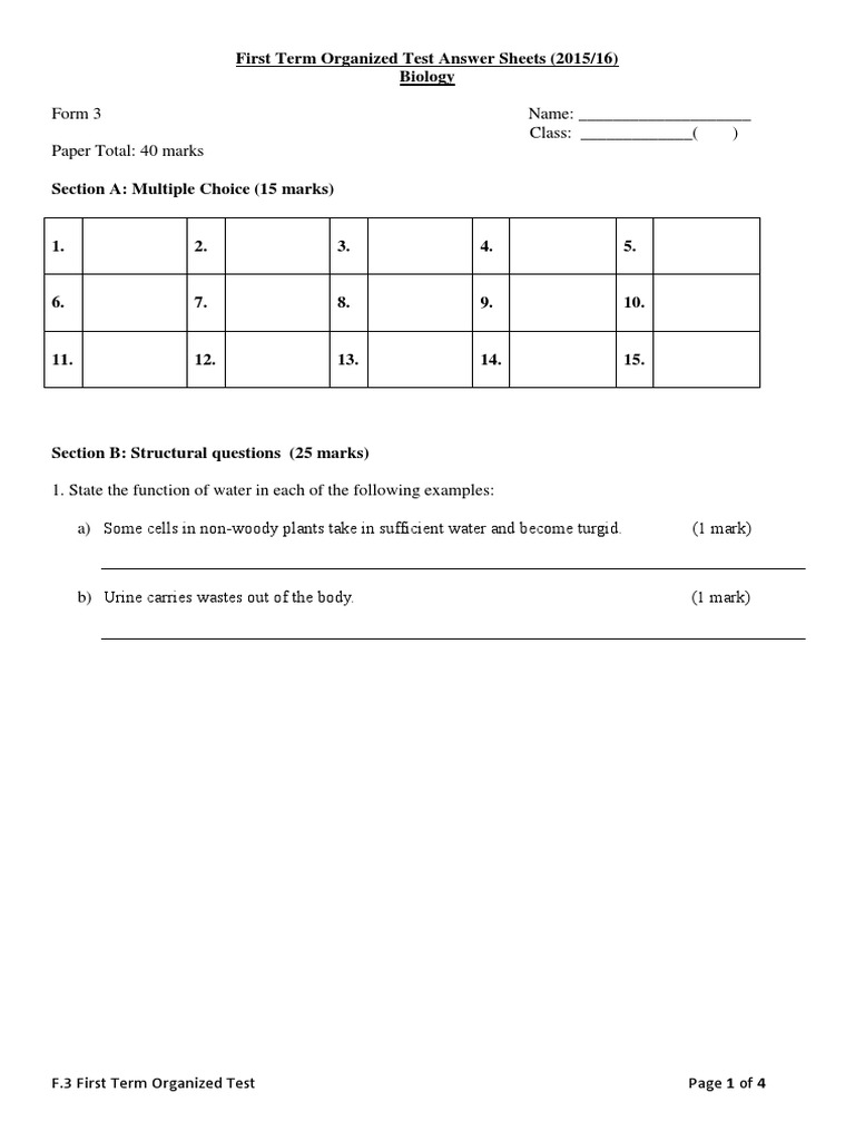First Term Organized Test Answer Sheets (2015/16) Biology | PDF ...