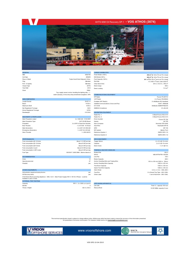 Oil recovery DP-1 vessel - VOS ATHOS capabilities | PDF | Tonnage | Ships