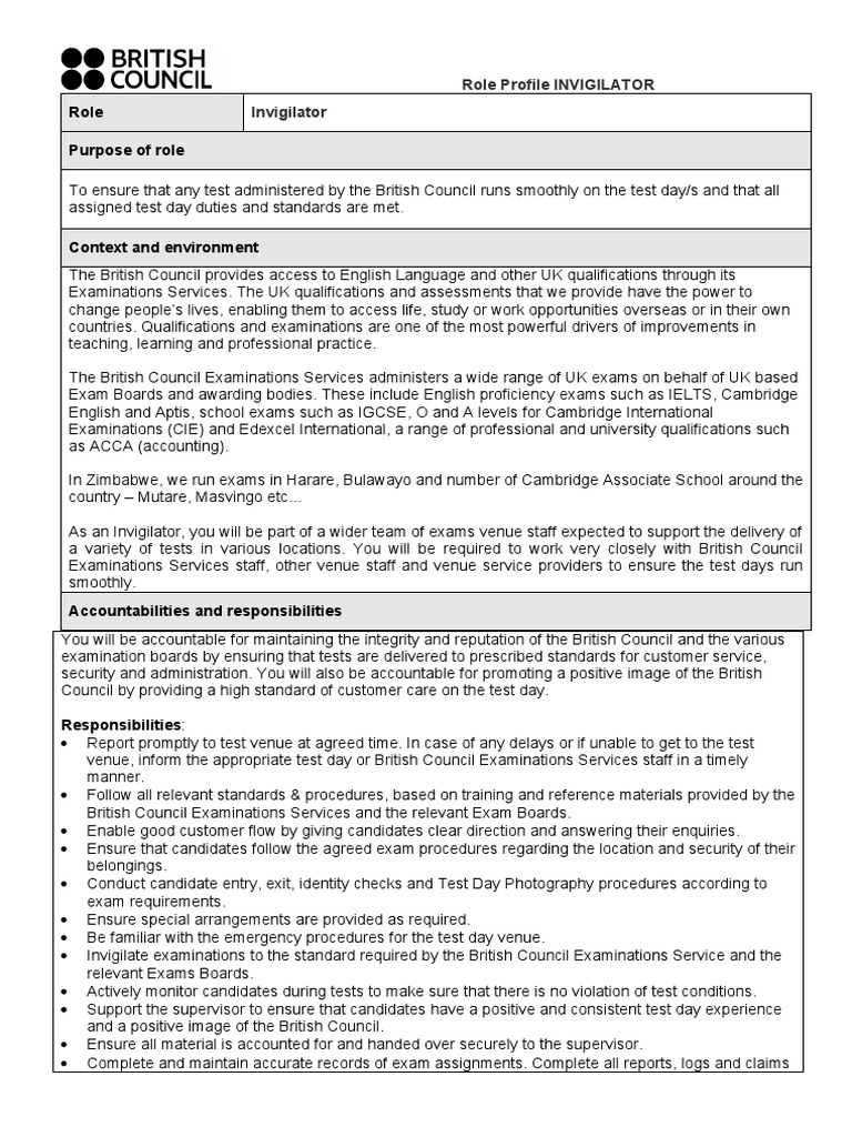 Role Purpose of Role: Role Profile INVIGILATOR Invigilator | Download ...