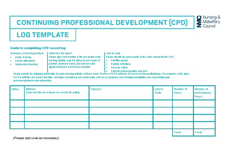 Guide To Completing Cpd Record Log Please Add Rows As Necessary Pdf