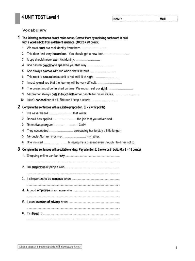 4 Unit Test Level 1: Vocabulary | PDF | Sentence (Linguistics ...