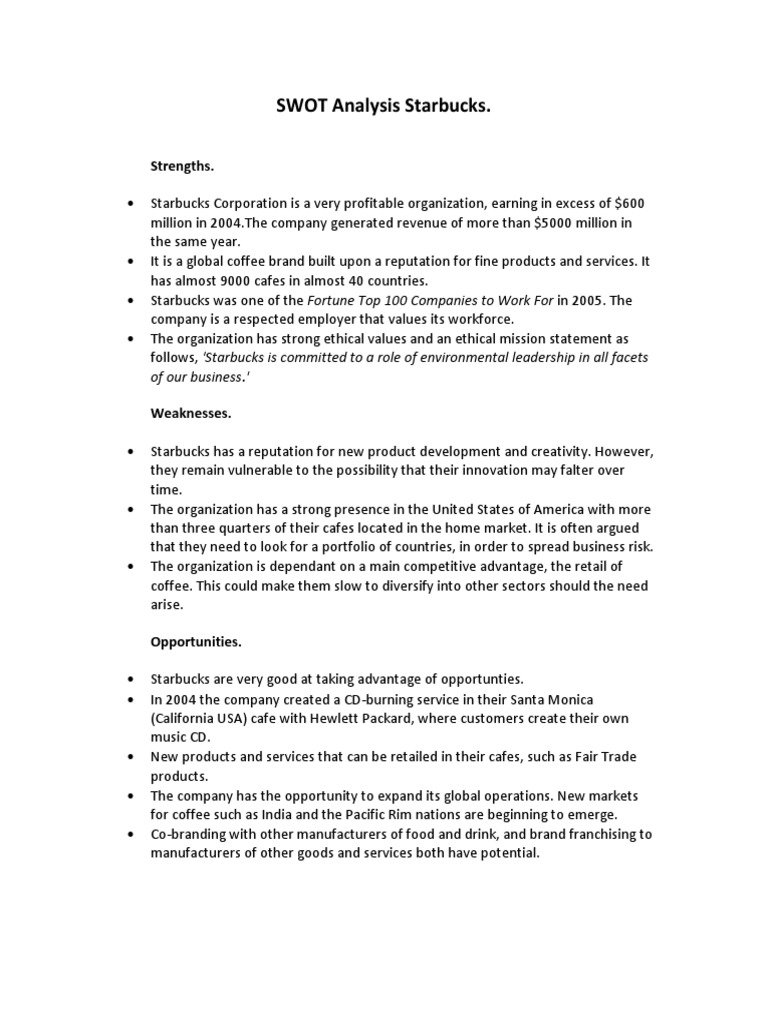 Swot Analysis Starbucks PDF | PDF | Starbucks | Brand