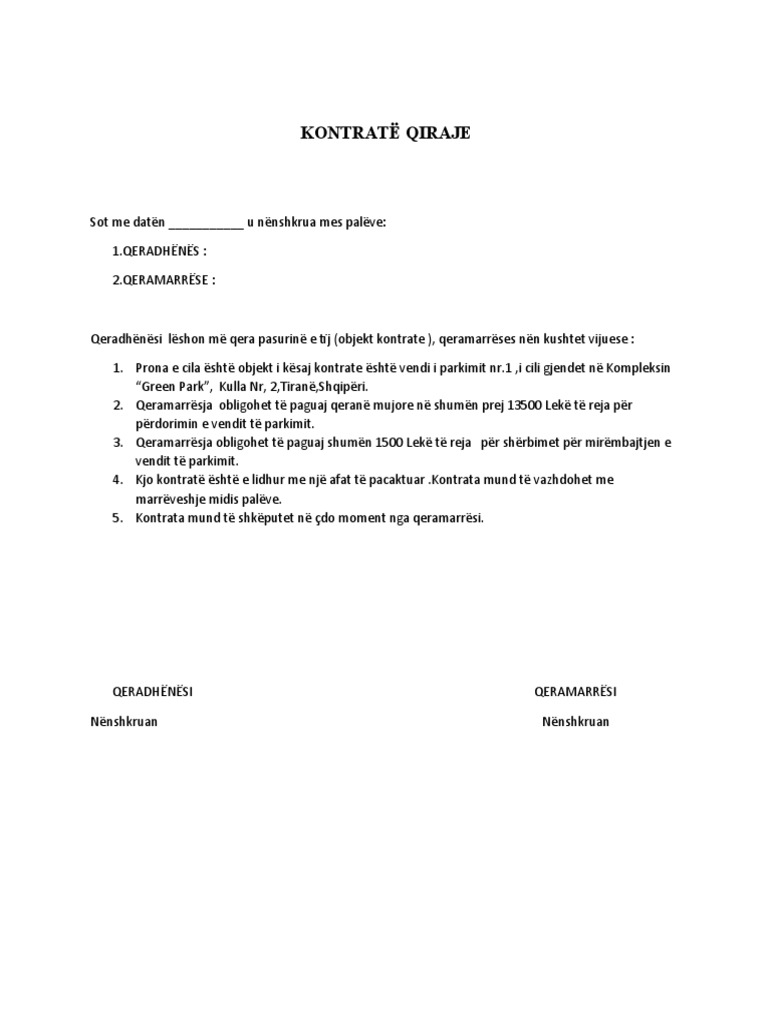KONTRATË QIRAJE Vend Parkimi | PDF