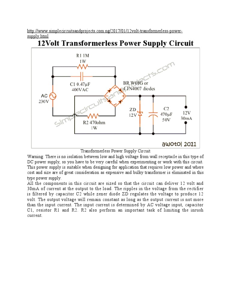 12volt Transformerless Power Supply Circuit | PDF | Technology & Engineering