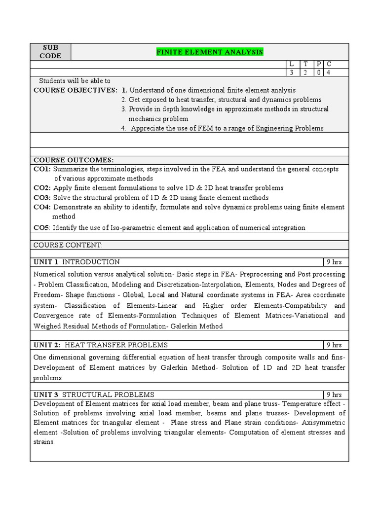 FEA - Syllabus | PDF | Finite Element Method | Computational Science