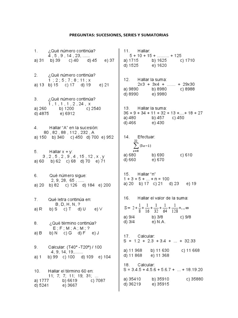 Preguntas Sucesiones, Series y Sumatorias | PDF