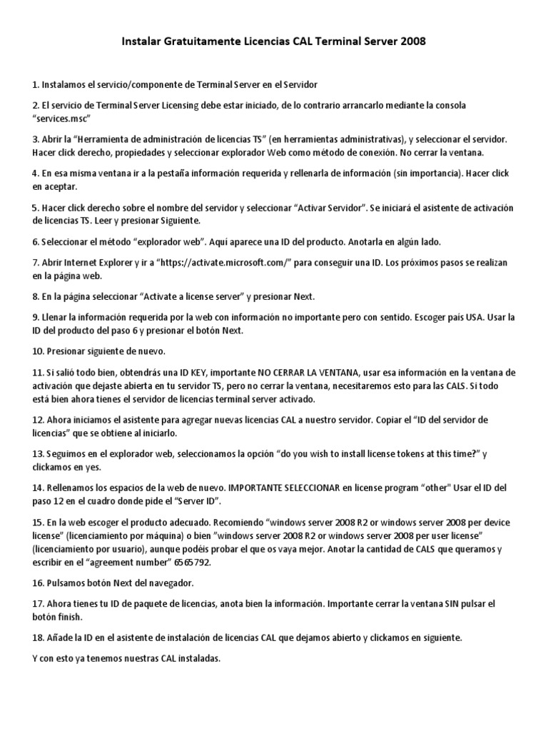 Instalar Gratuitamente Licencias CAL Terminal Server 2008 | PDF ...