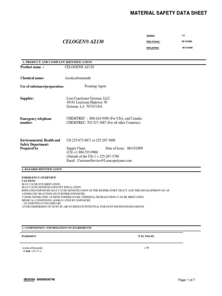 Celogen Az130 MSDS | PDF | Dangerous Goods | Firefighting