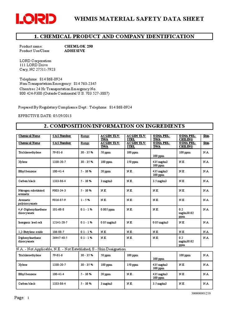 Whmis Material Safety Data Sheet: 1. Chemical Product and Company ...