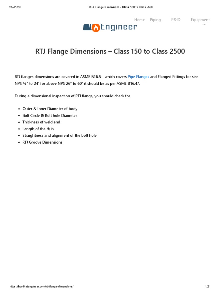 RTJ Flange Dimensions - Class 150 To Class 2500 | PDF | Gas ...