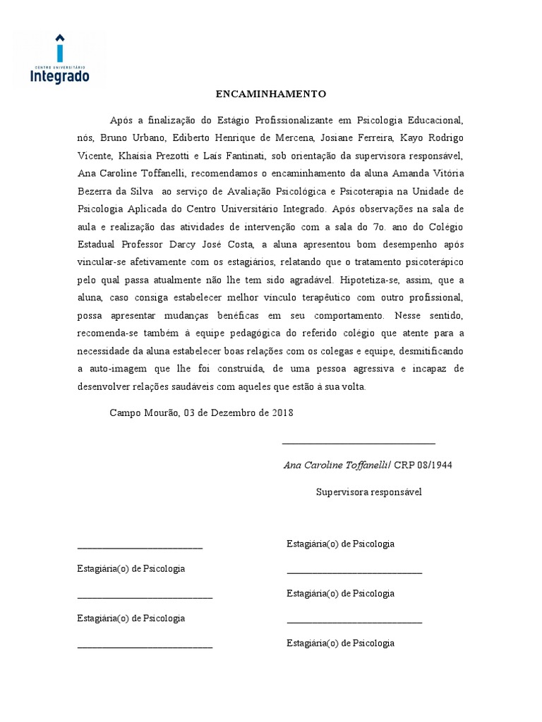 Encaminhamento psicológico de aluna | PDF Encaminhamento psicológico de aluna | PDF