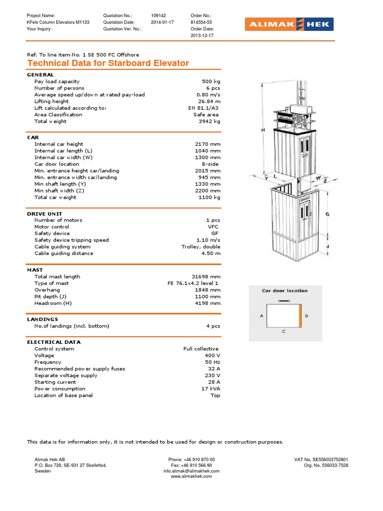 Techn Data Sheet STBD Elevator | PDF | Elevator | Electronics